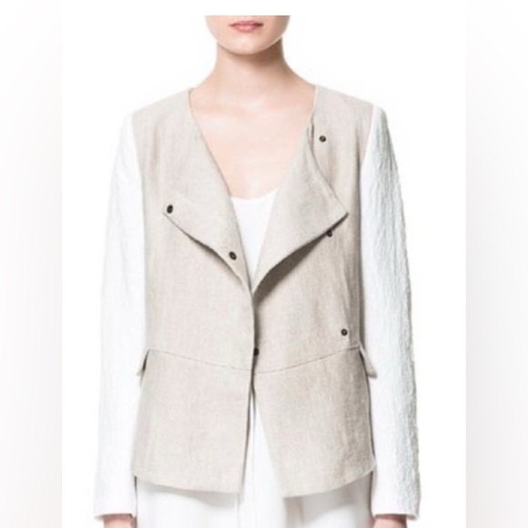 Zara | Jackets & Coats | Zara Basic Linen Jacket Textured Sleeves Beige ...